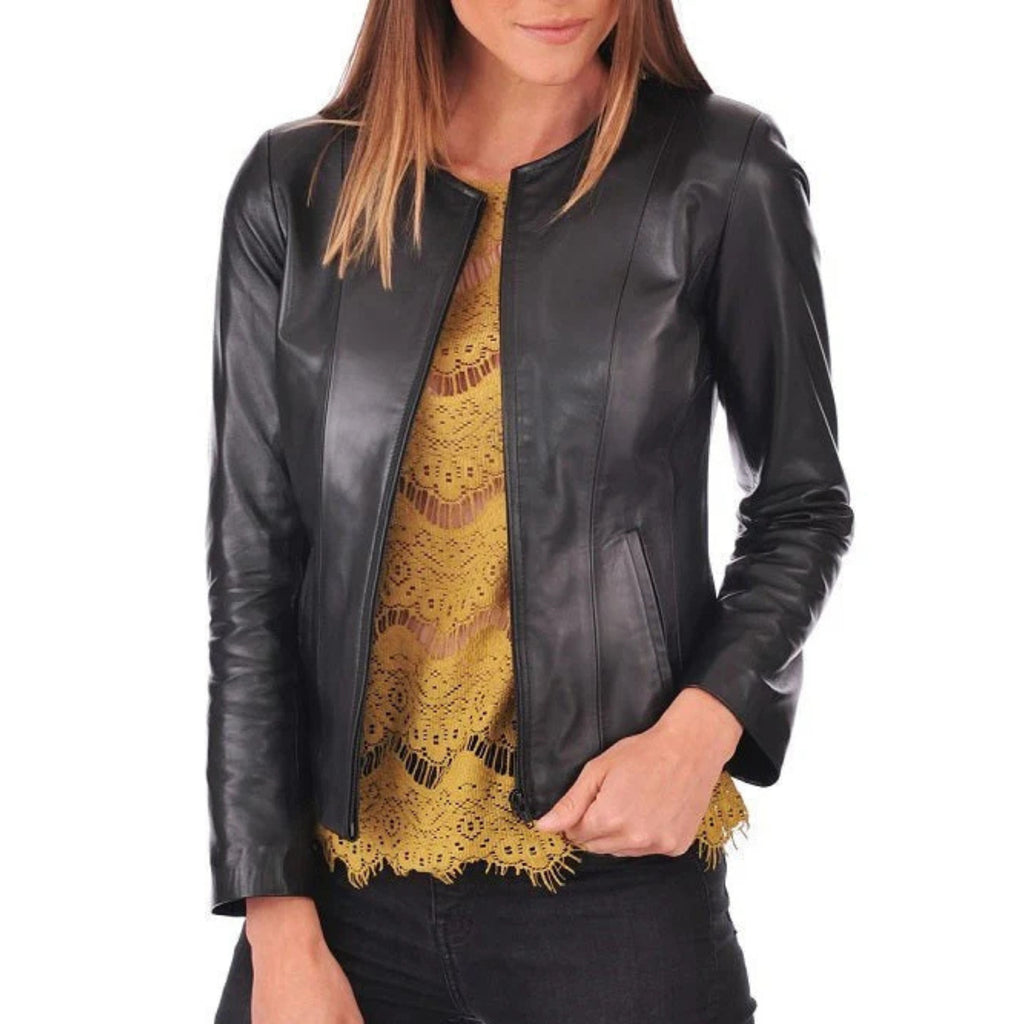 Derya Collarless Leather Biker Jacket for Women Black – Inland Leather Co
