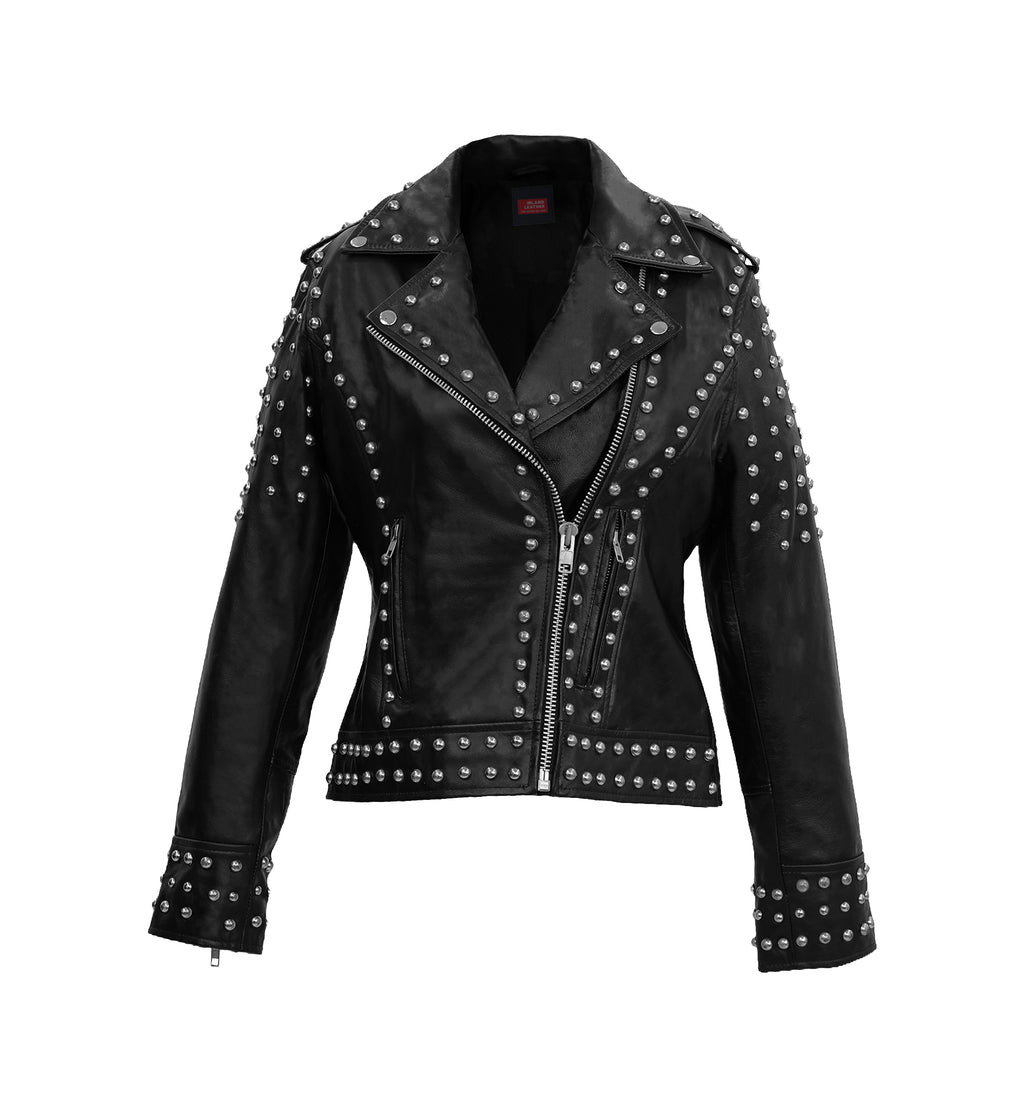 Afaaf Women’s Black Lambskin Leather Jacket Studded Biker Style ...