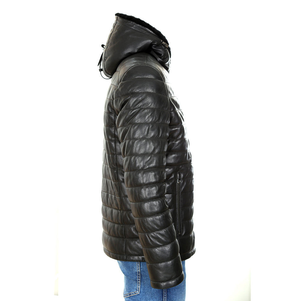 Mens Mason Puffer Leather Jacket with Fur Hoodie – Inland Leather Co