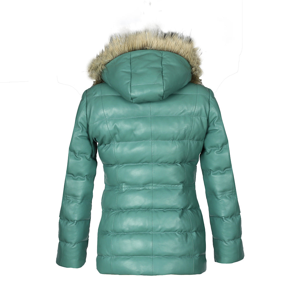 Womens Selina Puffer Leather Jacket with Fur Hoodie (Cyan) – Inland ...